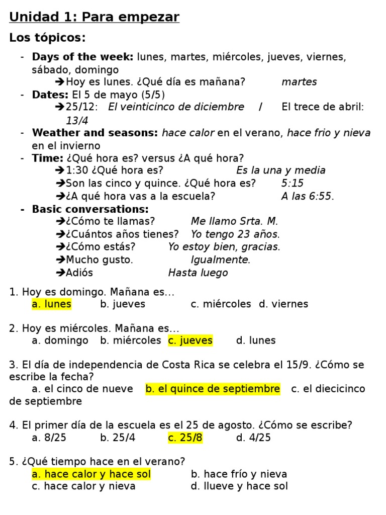 Spanish 1 Midterm Unit 1 Review Answers | PDF | Artes del lenguaje y ...