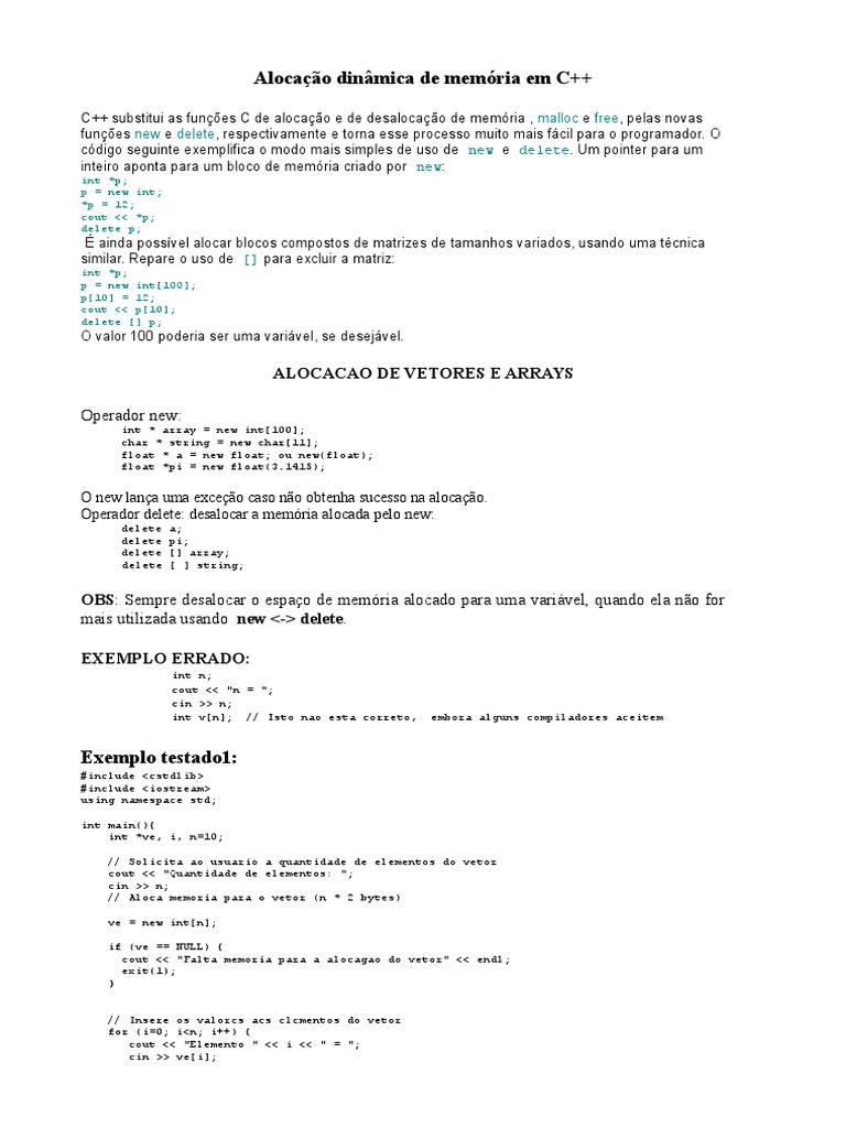 Alocação Dinâmica de Memória em C++ Ponteiros Vetores Matrizes | PDF ...
