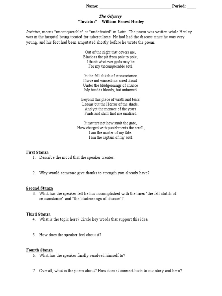 Invictus, Means "Unconquerable" or "Undefeated" in Latin. The Poem Was ...