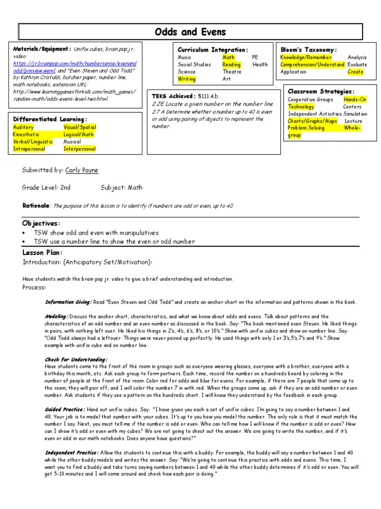 Odds and Evens Lesson Plan | PDF | Lesson Plan | Reading Comprehension