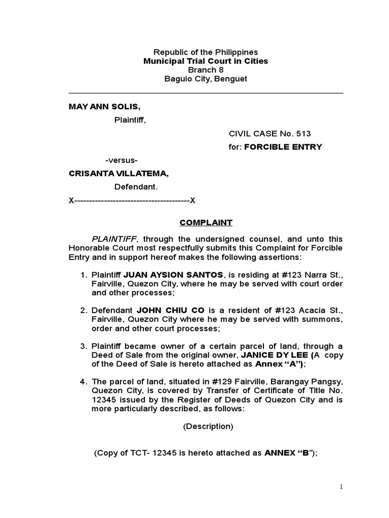 Complaint Forcible Entry | PDF | Lawsuit | Complaint