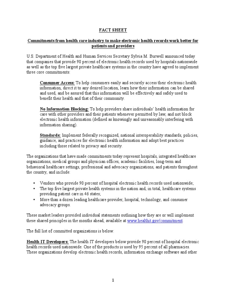 Interoperability Pledge Fact Sheet PDF | PDF | Health Informatics | Electronic Health Record