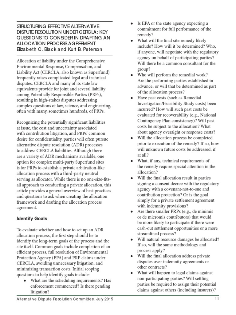 Structuring Effective Alternative Dispute Resolution Under CERCLA: Key ...