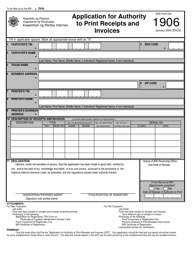 BIR Form 1906: Authority to Print Invoices | PDF