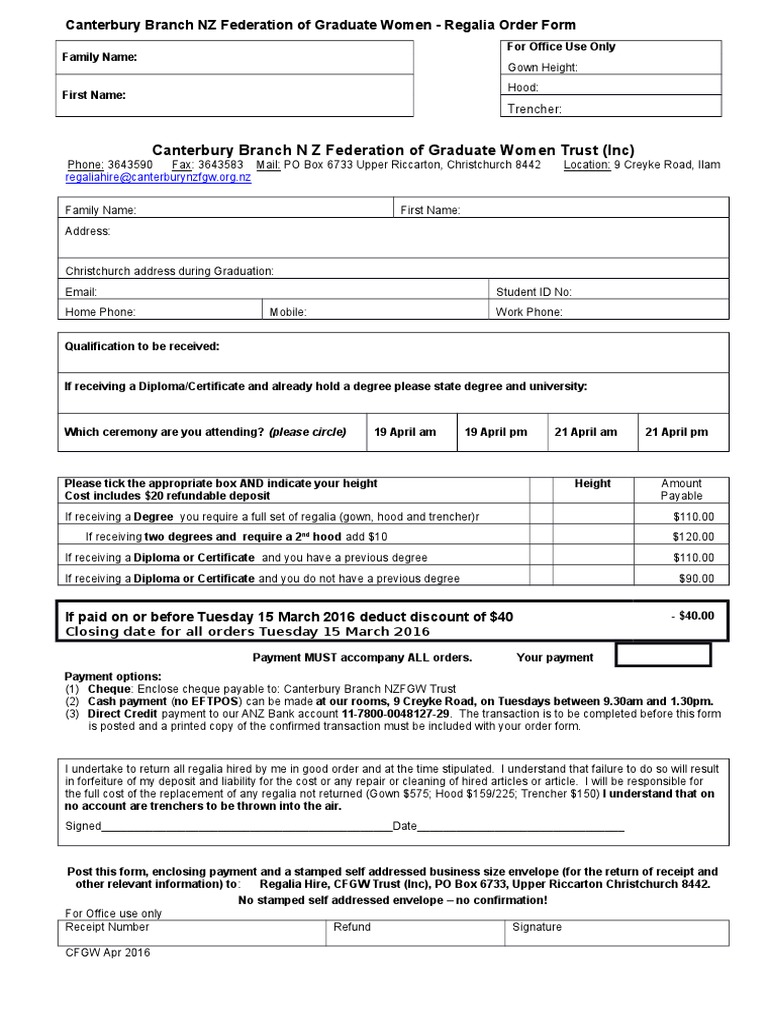 Regalia Order Form for Graduation NZ | PDF