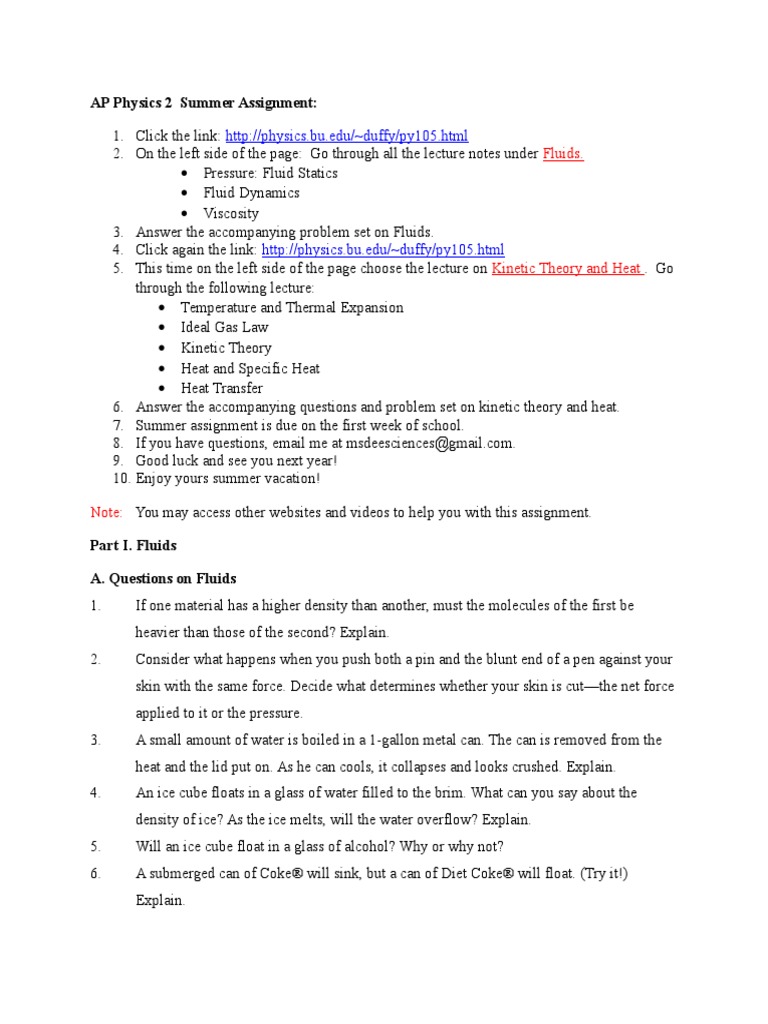 AP Physics 2 Summer Assignment | PDF | Temperature | Buoyancy