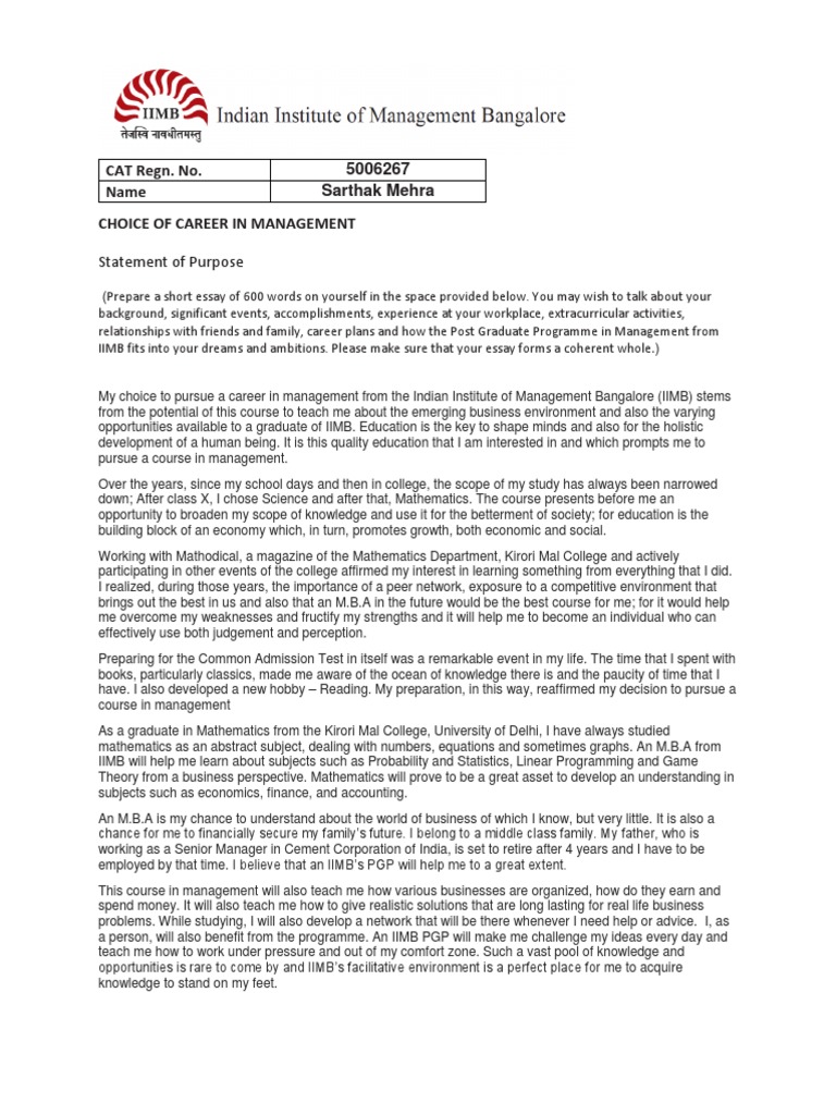 PGP SOP for IIM B | Cognition | Psychology & Cognitive Science