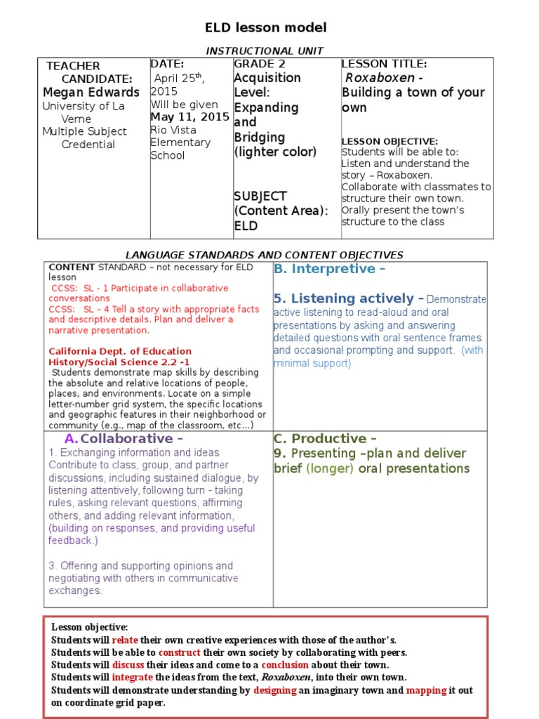 Eld Lesson Plan Roxaboxen | PDF | Vocabulary | Neuropsychology