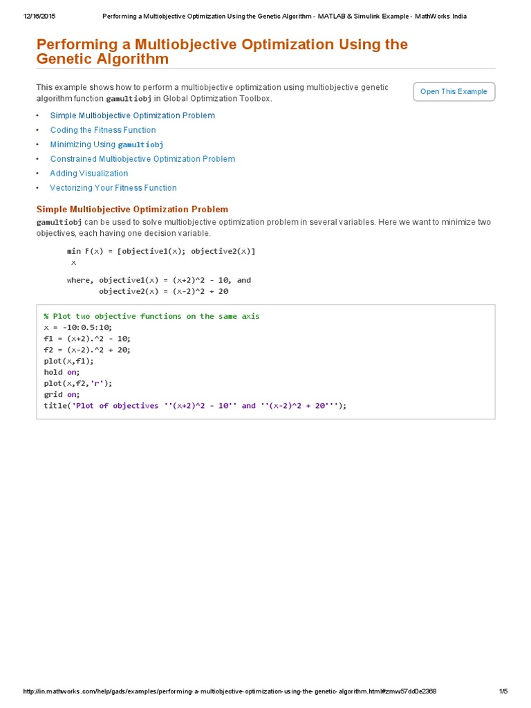 Performing A Multiobjective Optimization Using The Genetic Algorithm Matlab And Simulink Example