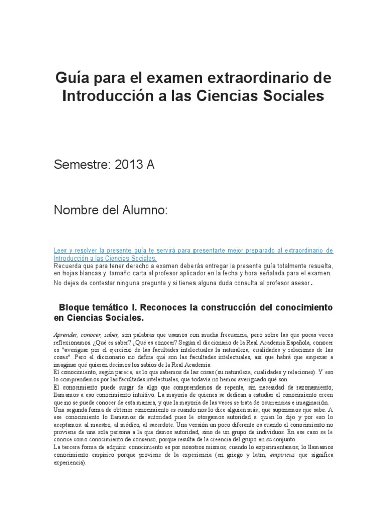Guía para El Examen Extraordinario de Introducción A Las Ciencias Sociales | PDF | Sociedad ...