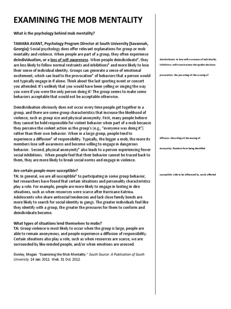 PSYCHOLOGY BEHIND MOB MENTALITY | PDF | Violence | Emergence