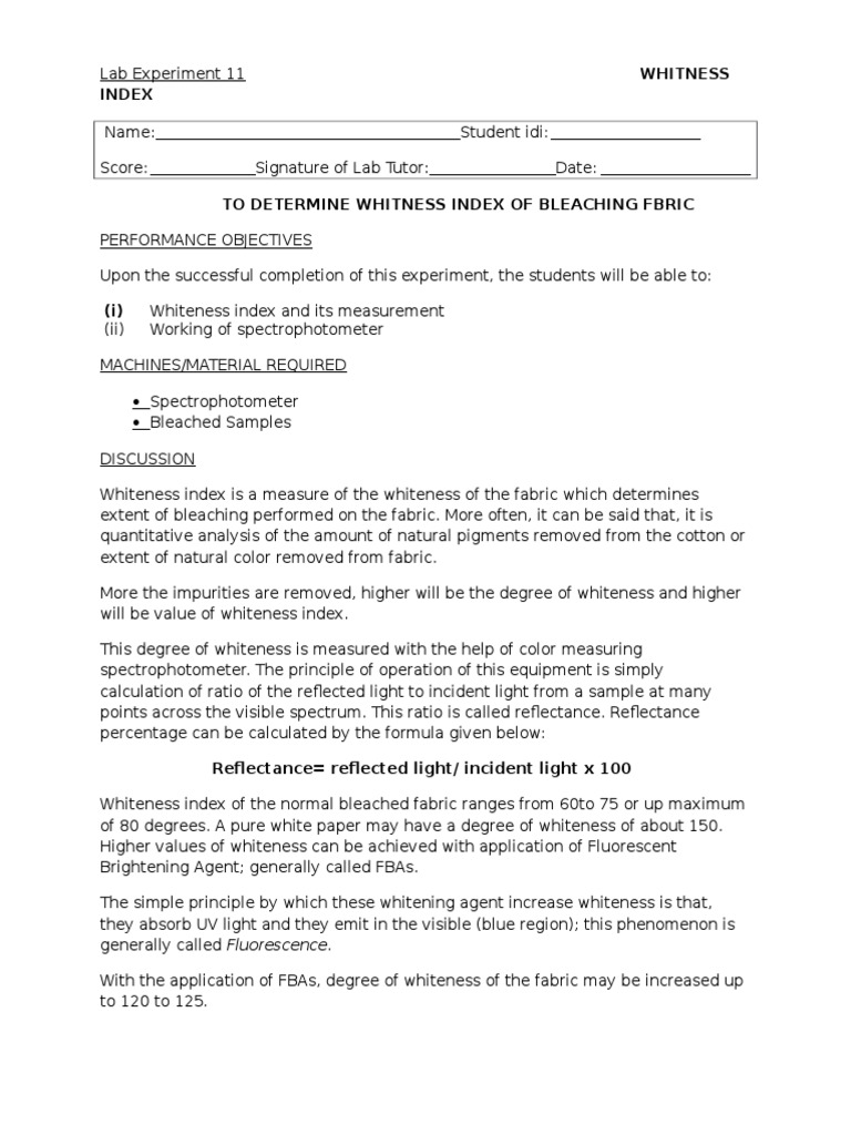 Lab Experiment 11 Whitness Index | PDF | Spectrophotometry | Experiment