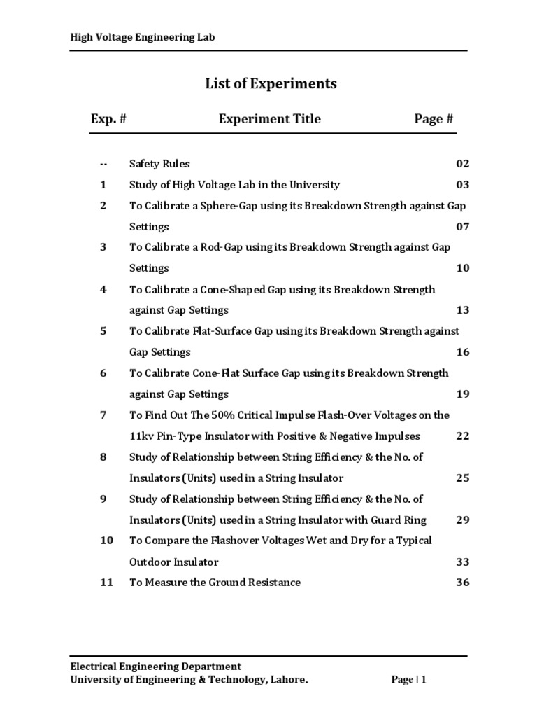 HIGH VOLTAGE ENGINEERING LAB Manual | PDF | Insulator (Electricity ...