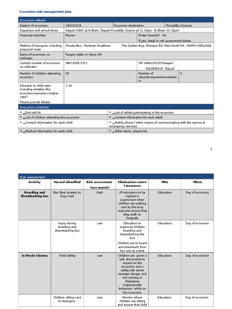 Picadilly Cinemas Excursion Risk Management Plan | PDF | Movie Theater ...