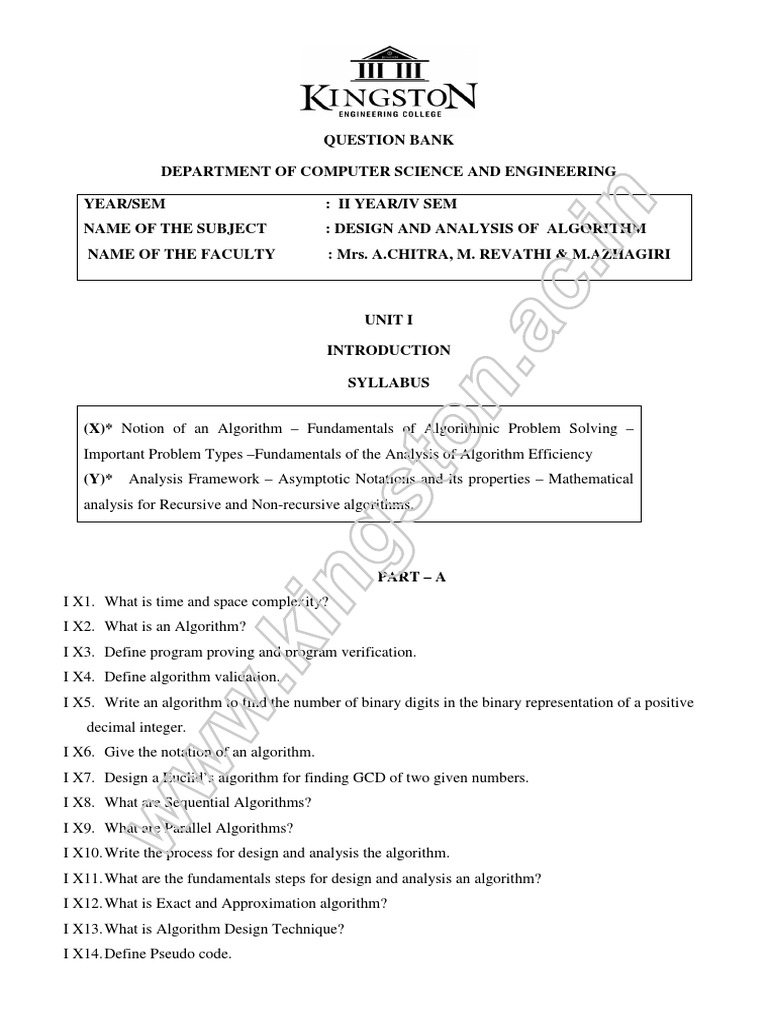 Design and Analysis of Algorithm Question Bank For Anna University ...