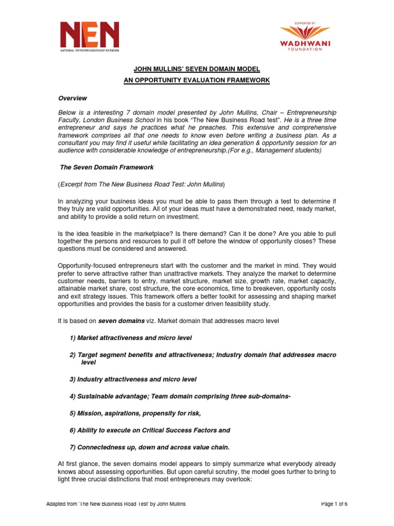 John Mullins Seven Domain Model An Oppor | PDF | Entrepreneurship ...