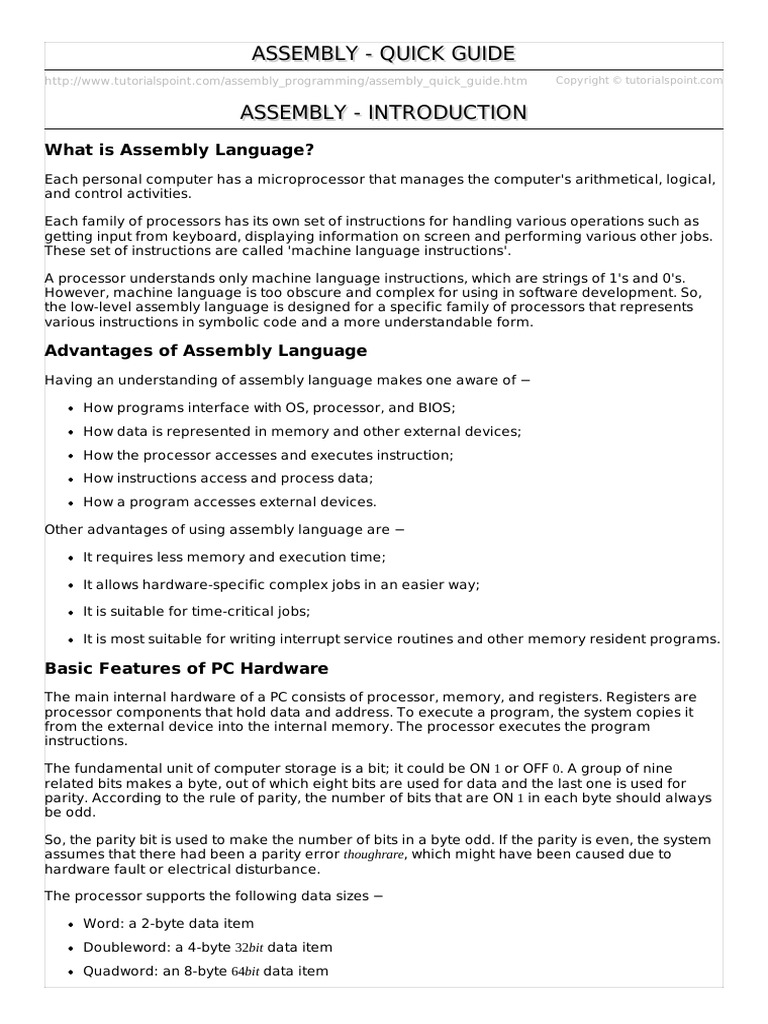 Assembly Quick Guide | PDF | Assembly Language | Instruction Set Assembly Quick Guide | PDF | Assembly Language | Instruction Set