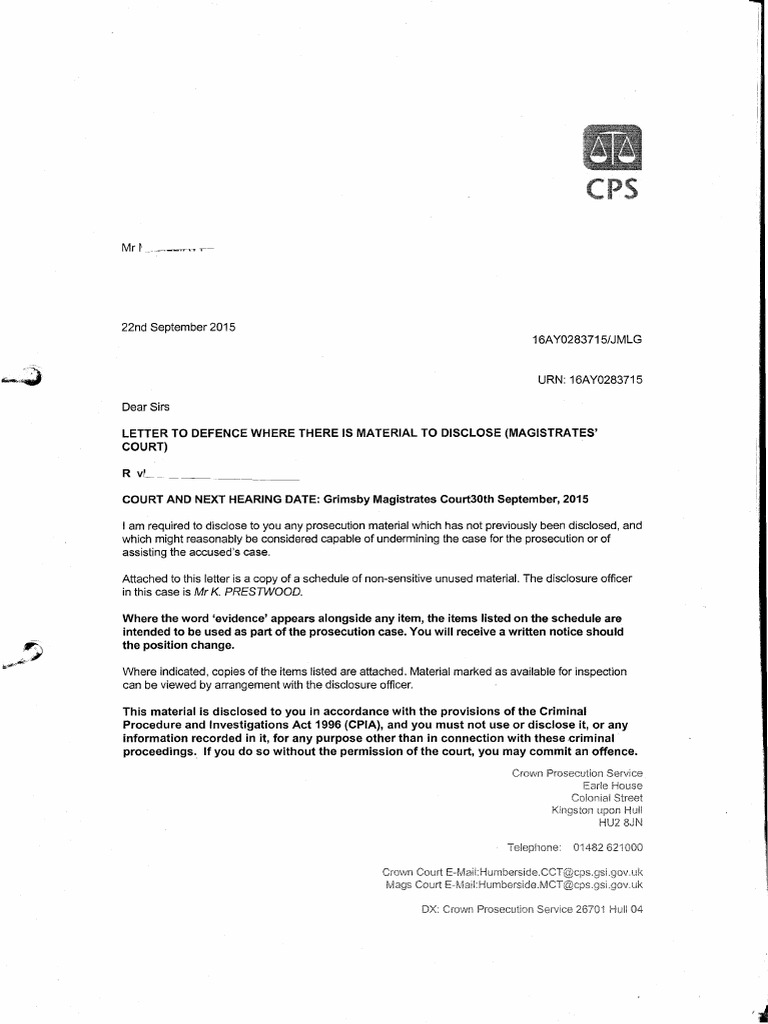 Letter To Defence Where There Is Material To Disclose - Redact | PDF ...