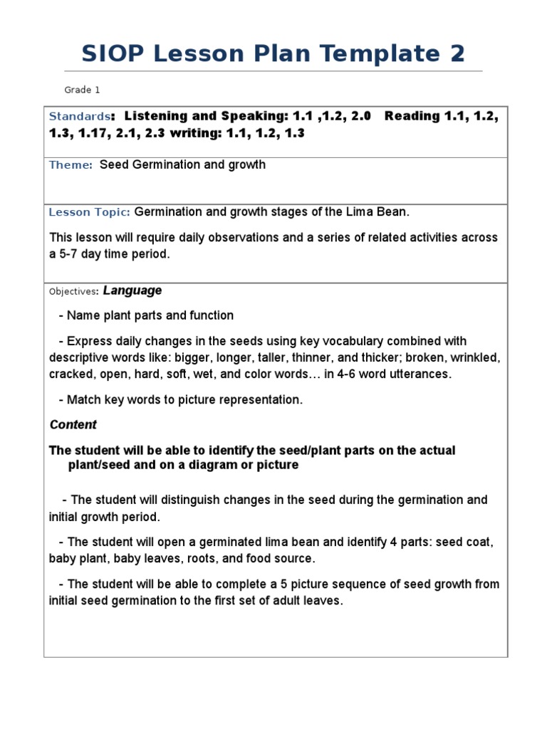 Siop Lesson Plan Sample | PDF | Vocabulary | Seed