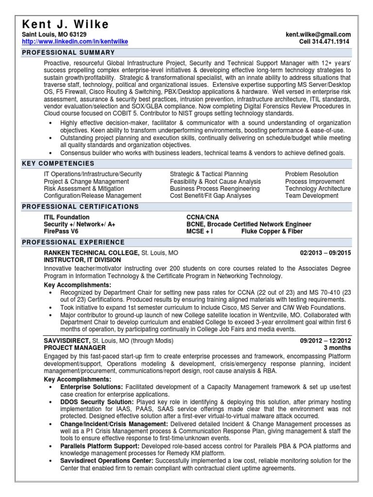 Manager IT Infrastructure in ST Louis MO Resume Kent Wilke | PDF | Itil ...