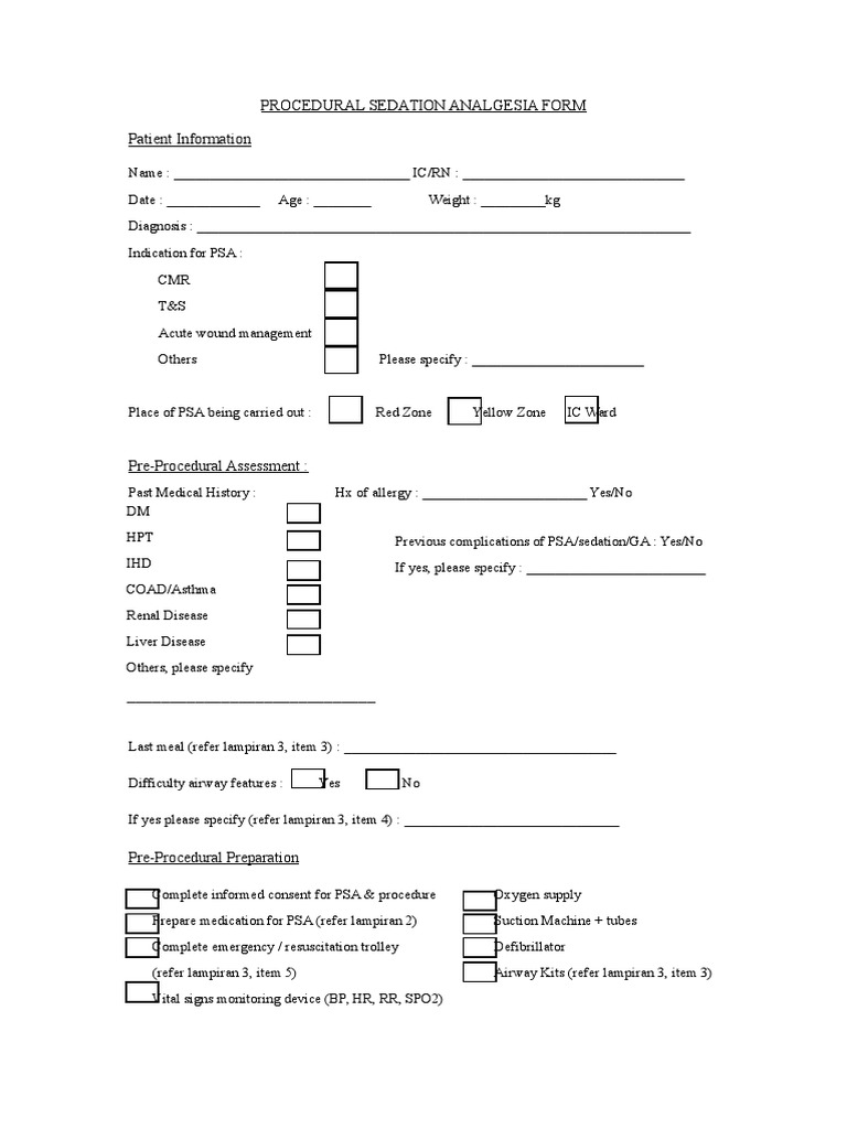Procedural Sedation Analgesia Form | PDF