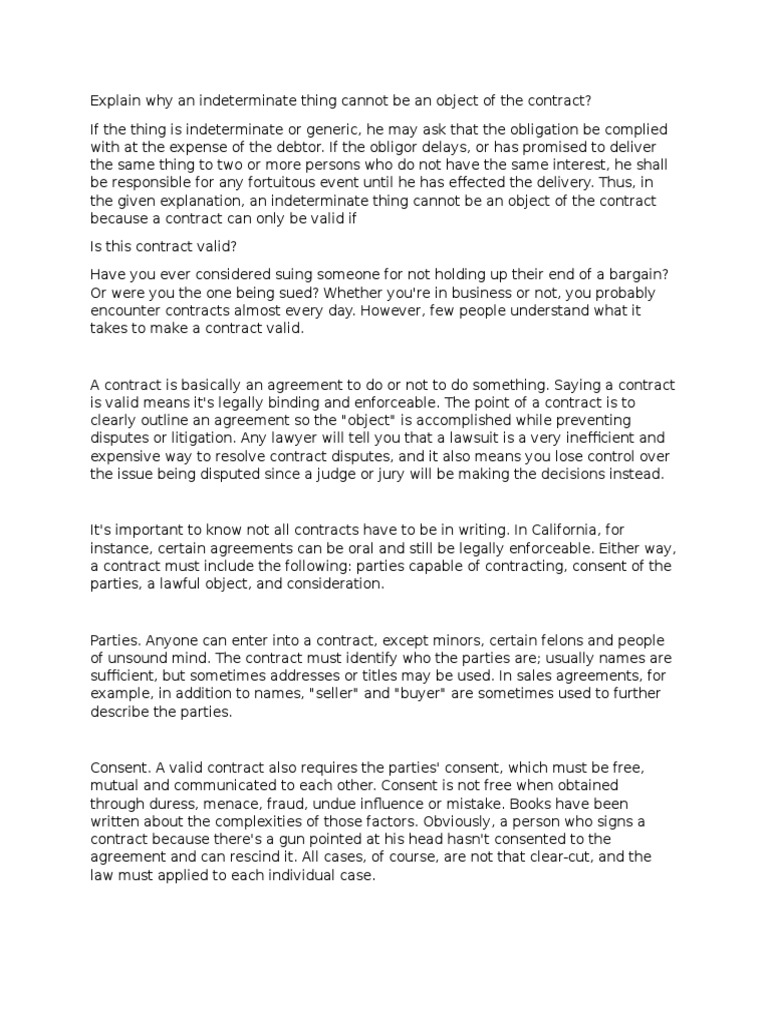 Explain Why An Indeterminate Thing Cannot Be An Object of The Contract ...