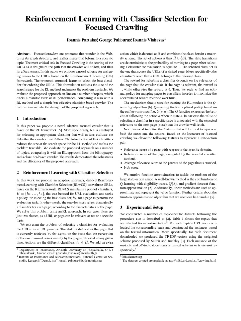 Reinforcement Learning with Classifier Selection for Effective and Adaptive Focused Crawling ...