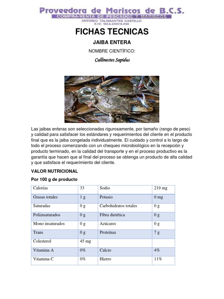 Ficha Tecnica Jaiba Entera | Mercurio (Elemento) | Comida y bebida