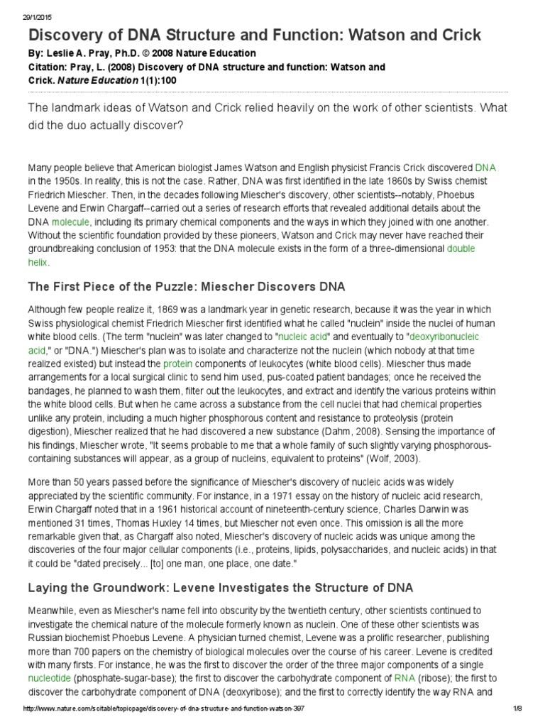 Discovery of DNA Structure and Function Watson and Crick | PDF ...