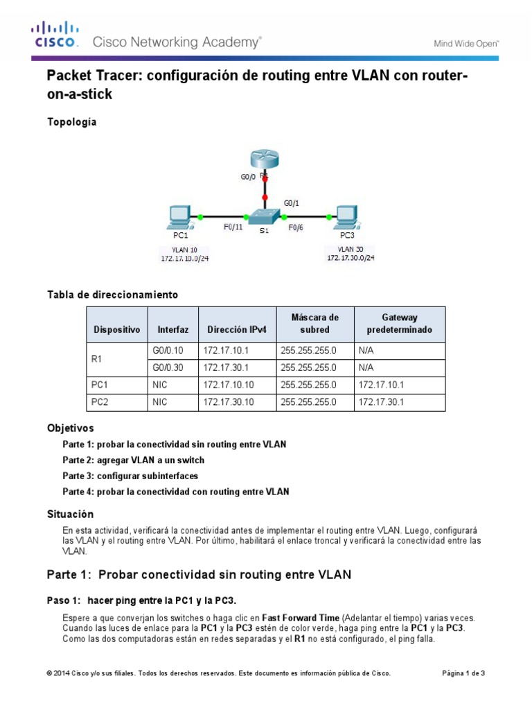 5.1.3.6 Packet Tracer - Configuring Router-on-a-Stick Inter-VLAN Routing Instructions PDF | PDF ...