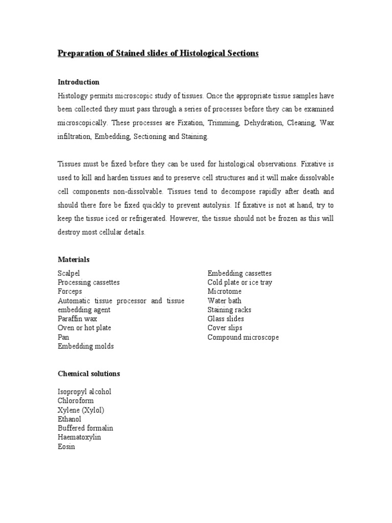 Staining Histological Slide Preparation | PDF | Histology | Fixation ...