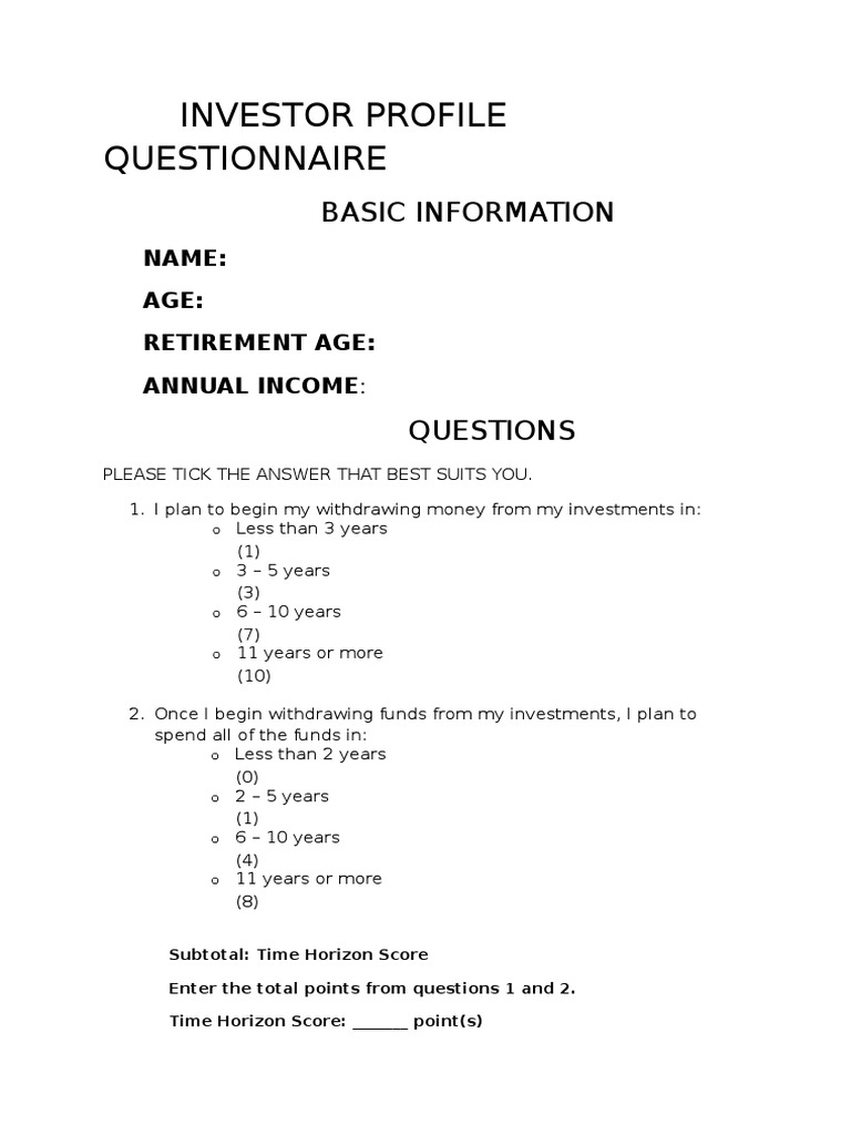 Investor Profile Questionnaire | PDF