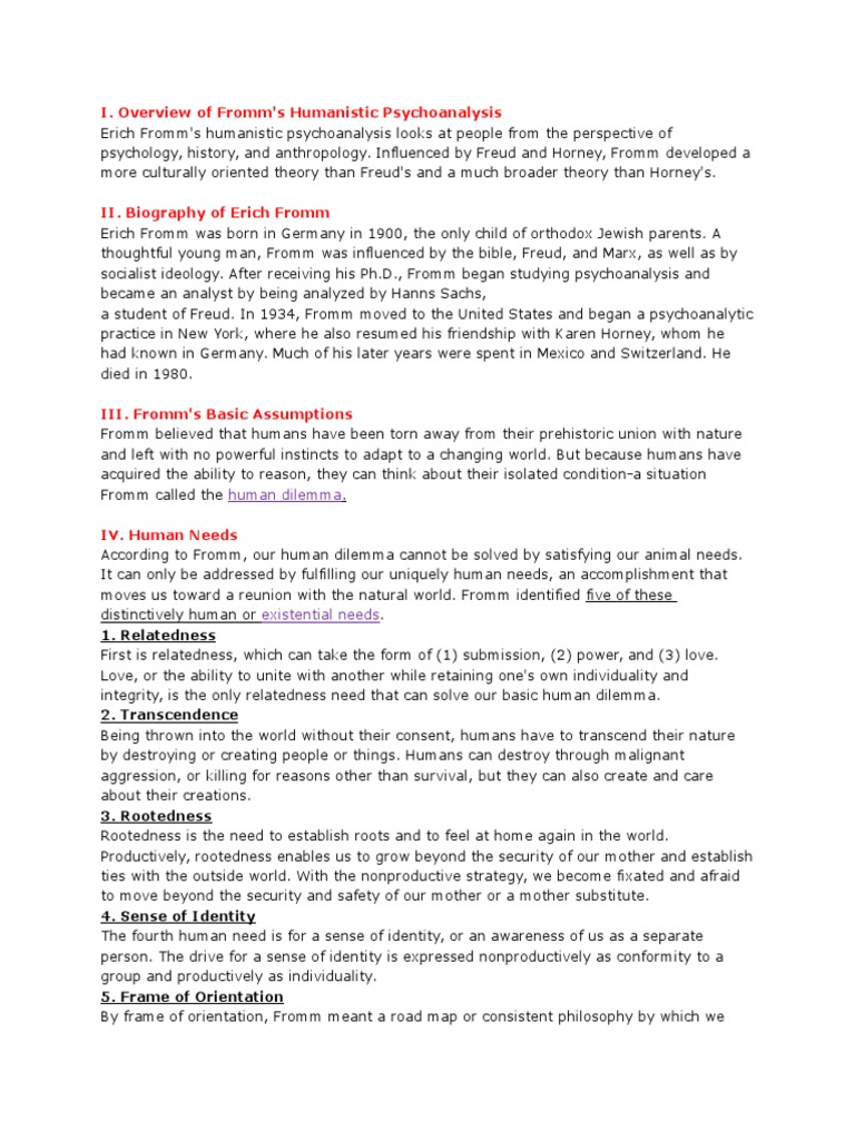I. Overview of Fromm's Humanistic Psychoanalysis: Human Dilemma | PDF ...