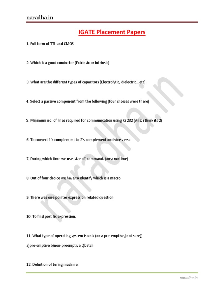 IGATE Placement Papers: Naradha - in | PDF | C (Programming Language) | Pointer (Computer ...
