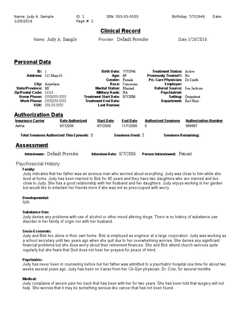 Judy A. Sample Clinical Record Summary | PDF | Self-Improvement | Lifestyle