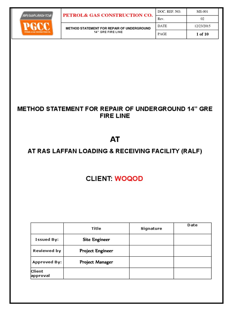 Method Statement For Repair of Underground 14rev 2 | PDF | Personal ...