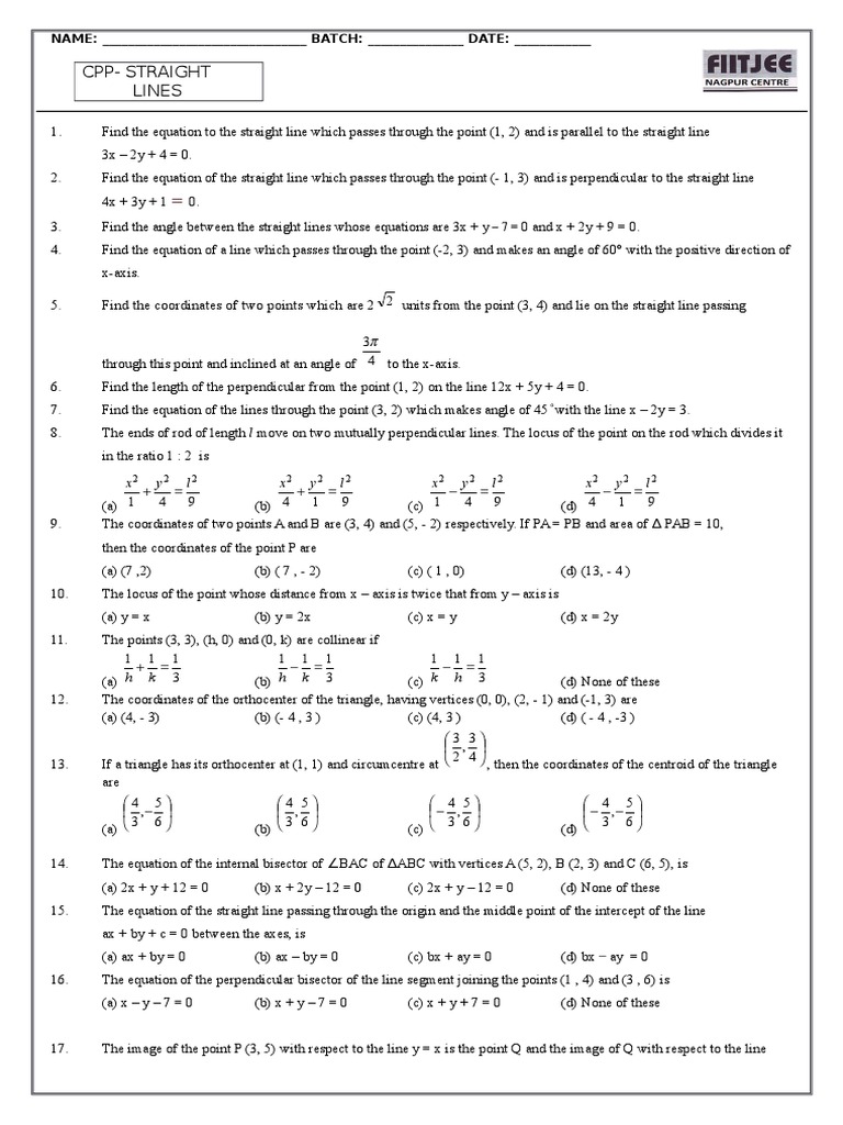 Equations of Straight Lines Problem Set | PDF | Line (Geometry) | Angle