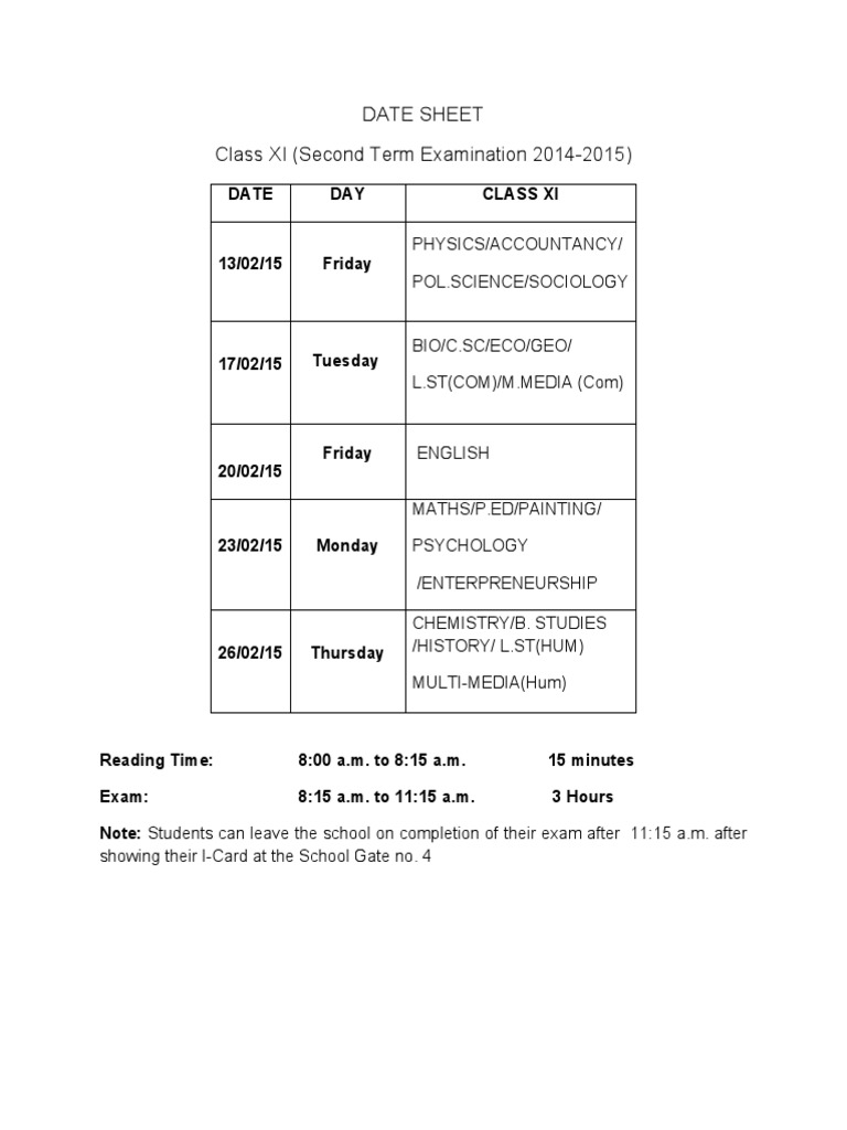 Class XI-IX & X Exam Date Sheet 2015 | PDF