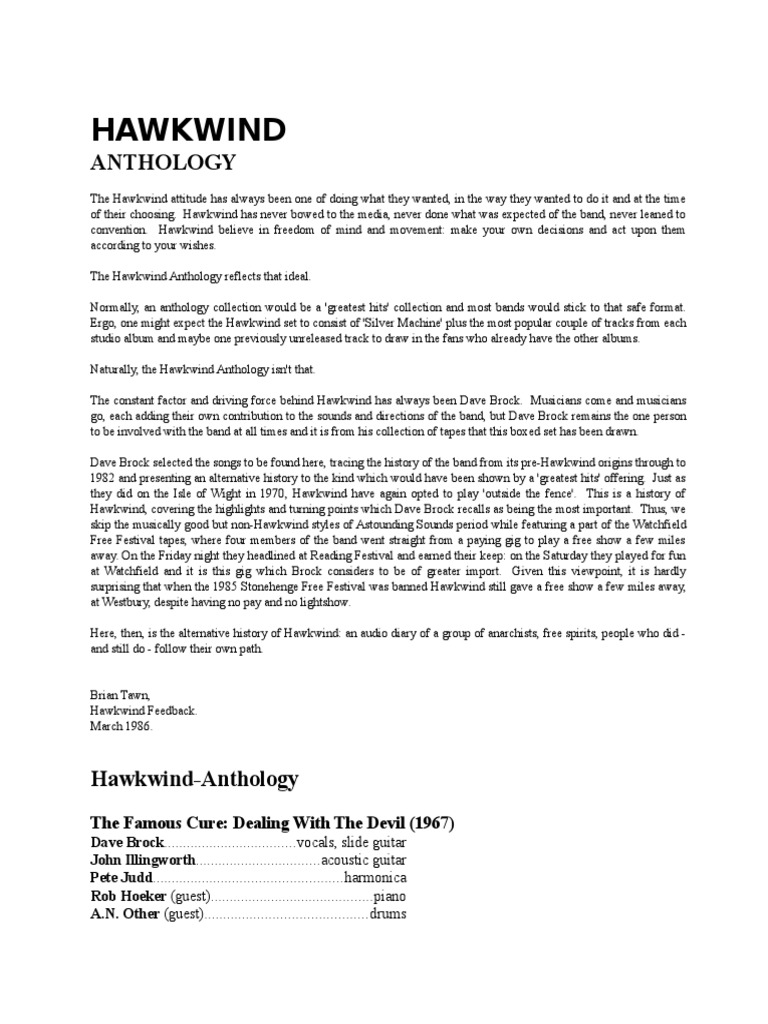 Hawkwind Anthology | PDF | Leisure | Entertainment (General)
