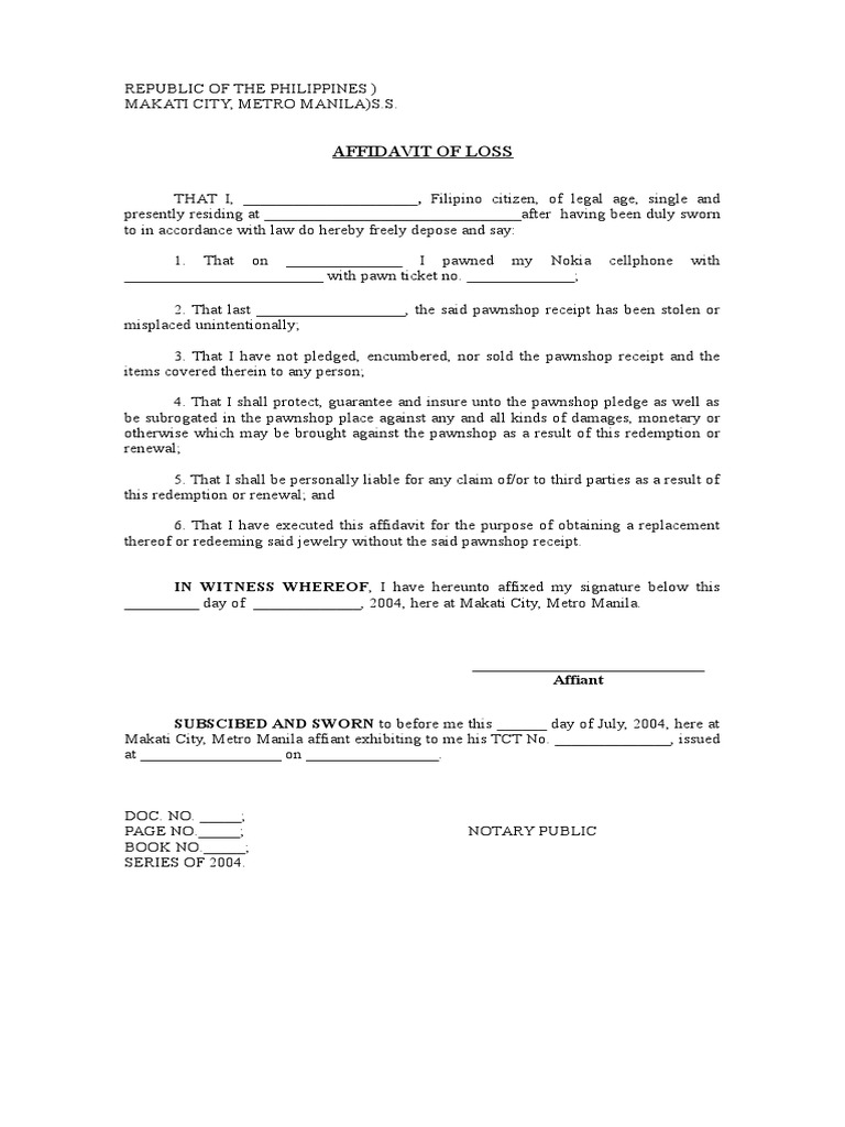 Affidavit of Loss: IN WITNESS WHEREOF, I Have Hereunto Affixed My ...