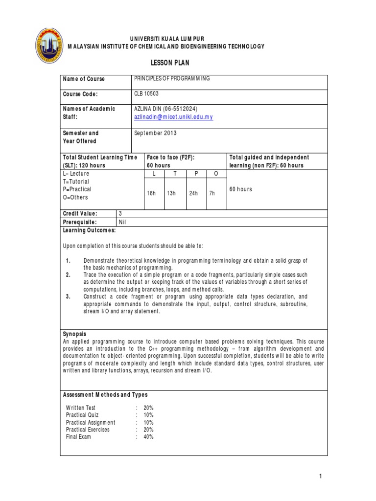 Lessonplan CLB10503 - Sept2013 | PDF | Control Flow | Subroutine