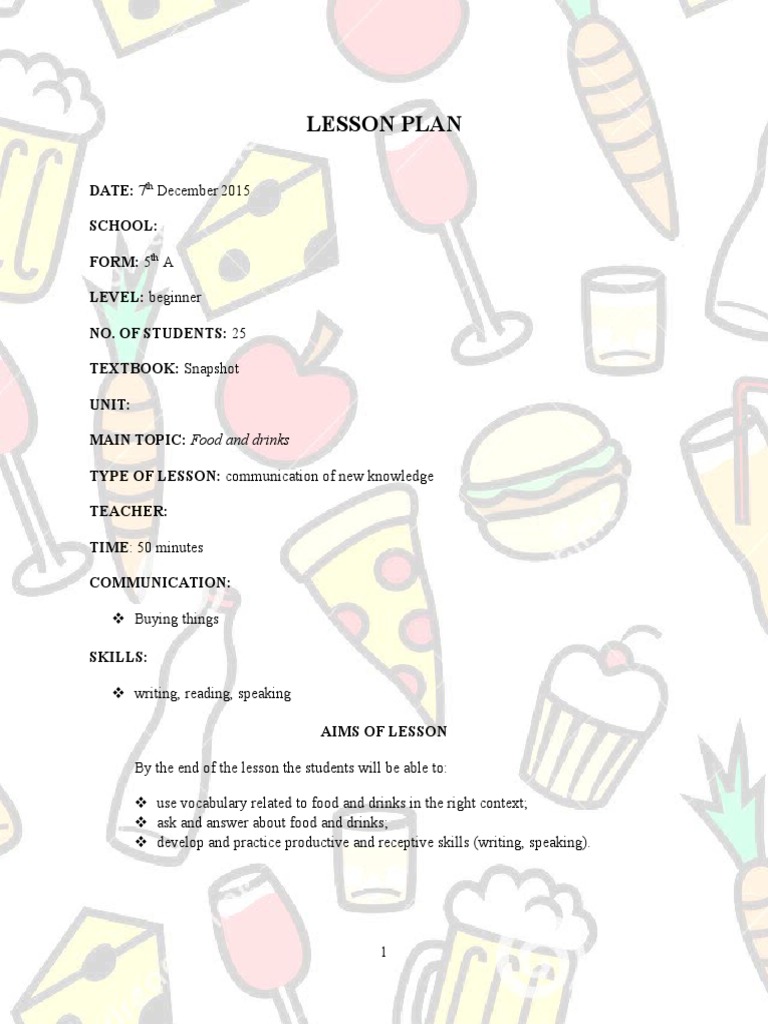 Food and Drinks Lesson Plan | PDF | Hamburgers | Lesson Plan