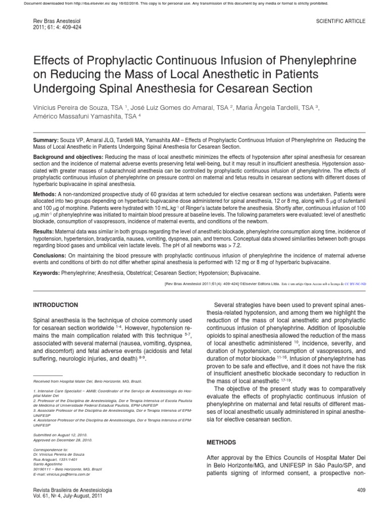 Effects of Prophylactic Continuous Infusion of Phenylephrine On ...