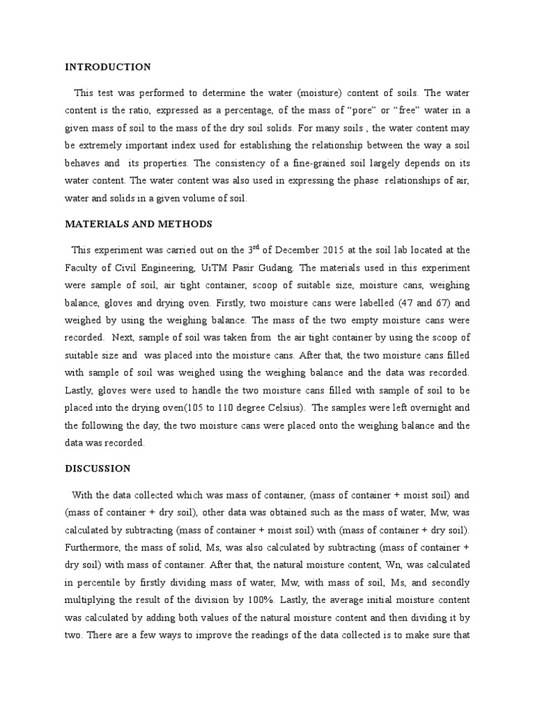 Moisture Content Report | PDF | Soil | Mass