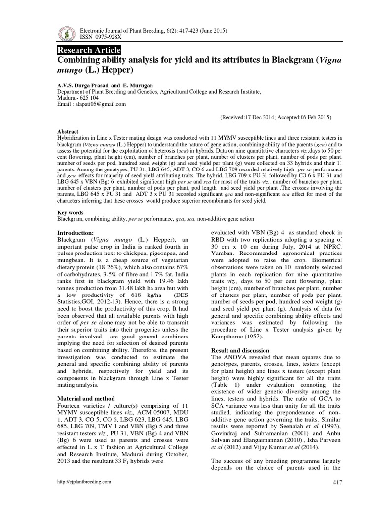 Combining Ability Analysis For Yield And Its Attributes In Blackgram