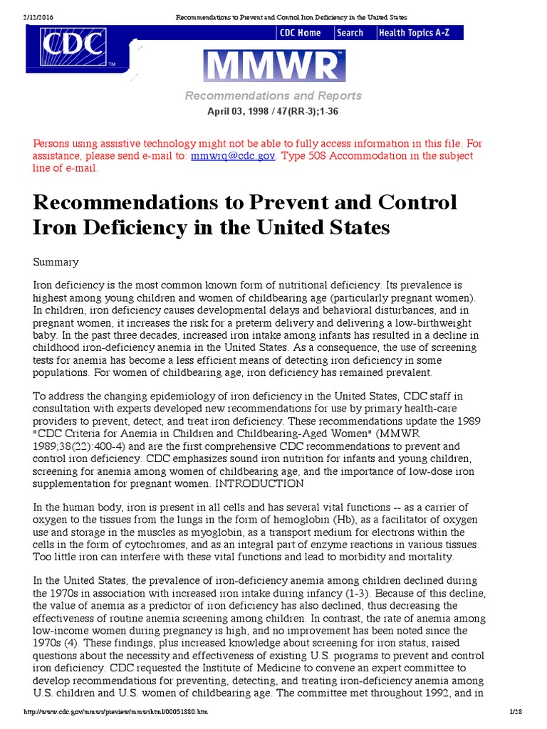 Recommendations To Prevent and Control Iron Deficiency in The United ...