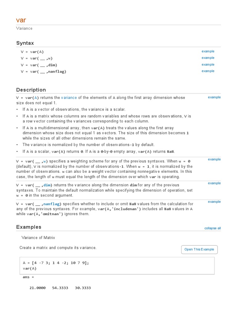Variance - MATLAB Var | PDF | Vector Autoregression | Matrix (Mathematics)