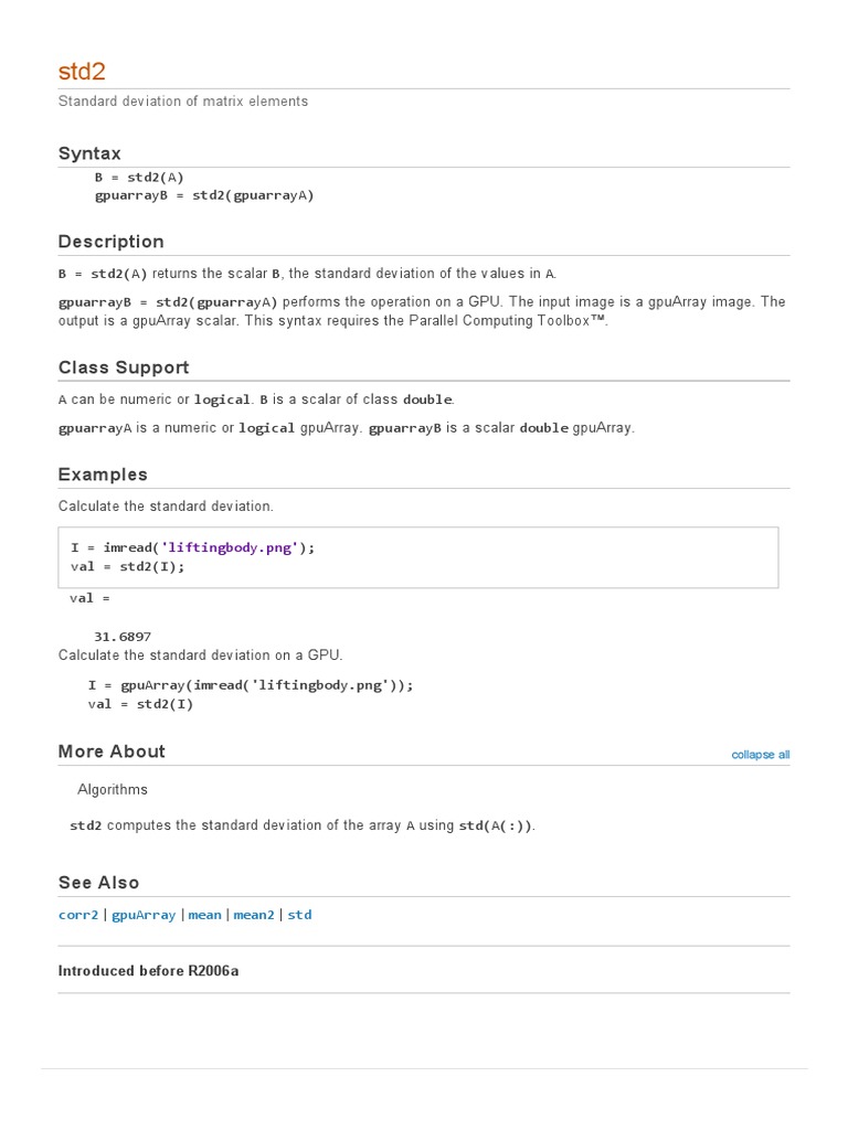Standard Deviation of Matrix Elements - MATLAB Std2 | PDF