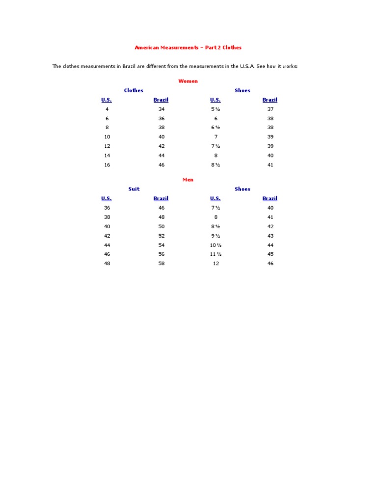 U.S. vs Brazil Clothing Size Guide | PDF