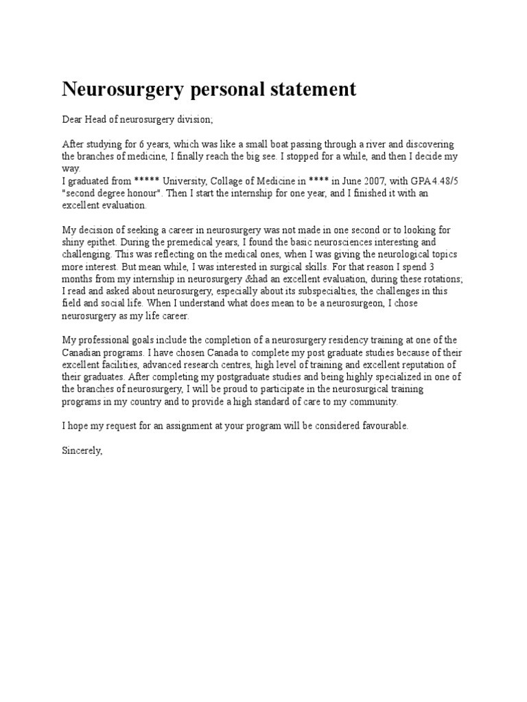 Neurosurgery Personal Statement | PDF | Self-Improvement | Wellness